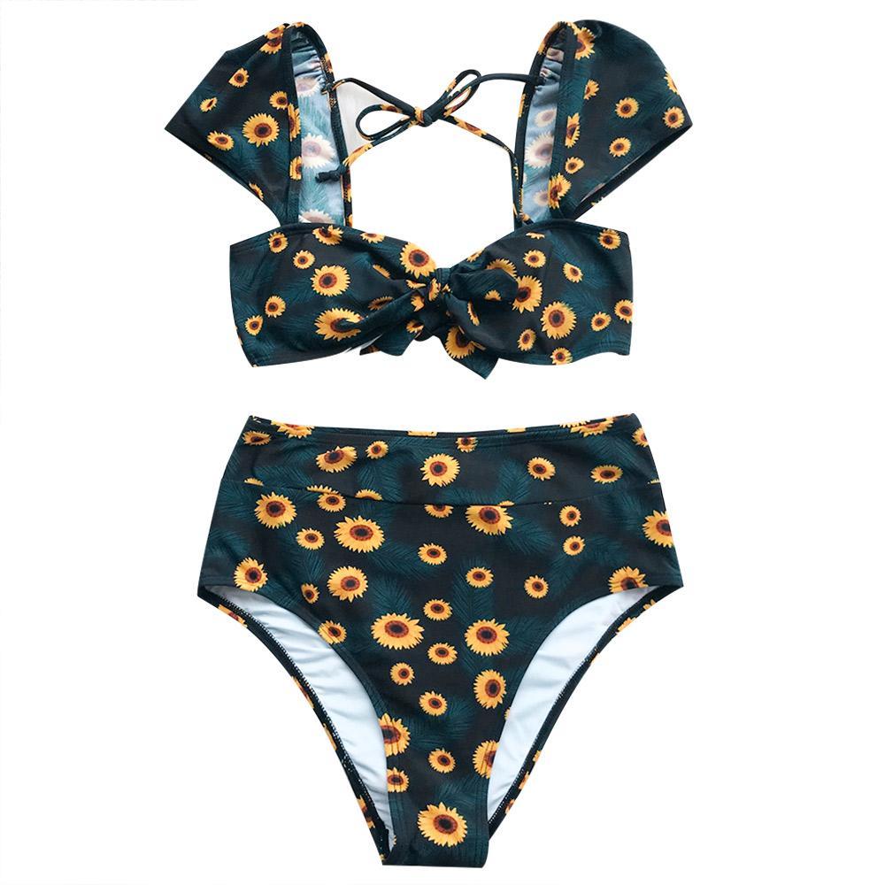 Cupshe Daisy Print Daisy Flower Print Bikinis Set Women High Waisted L