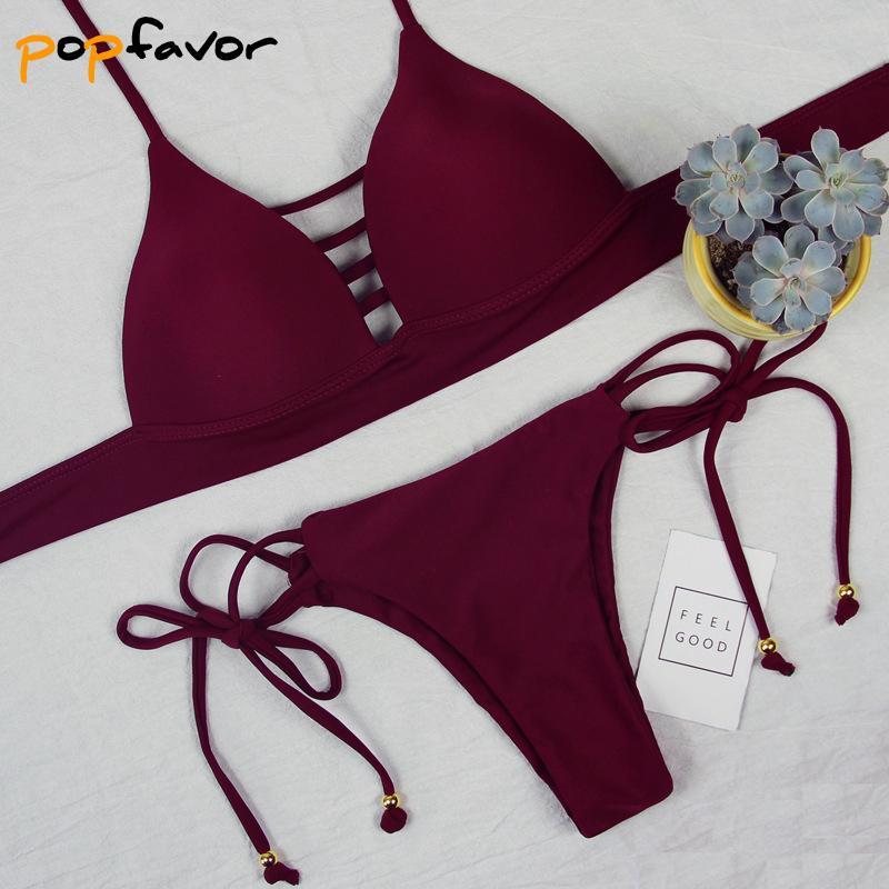 Popfavor Bikinis Set Solid Swimsuit Women Bikini 2018 New Push Up Bra